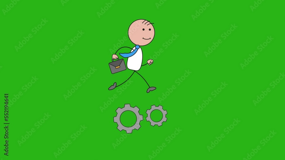 Stickman businessman with spinning gears hand and running.hand drawn ...