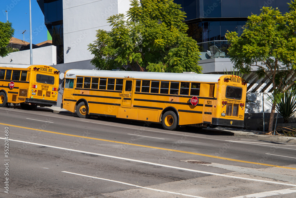 yellow and white school buses on the street surrounded by buildings and ...