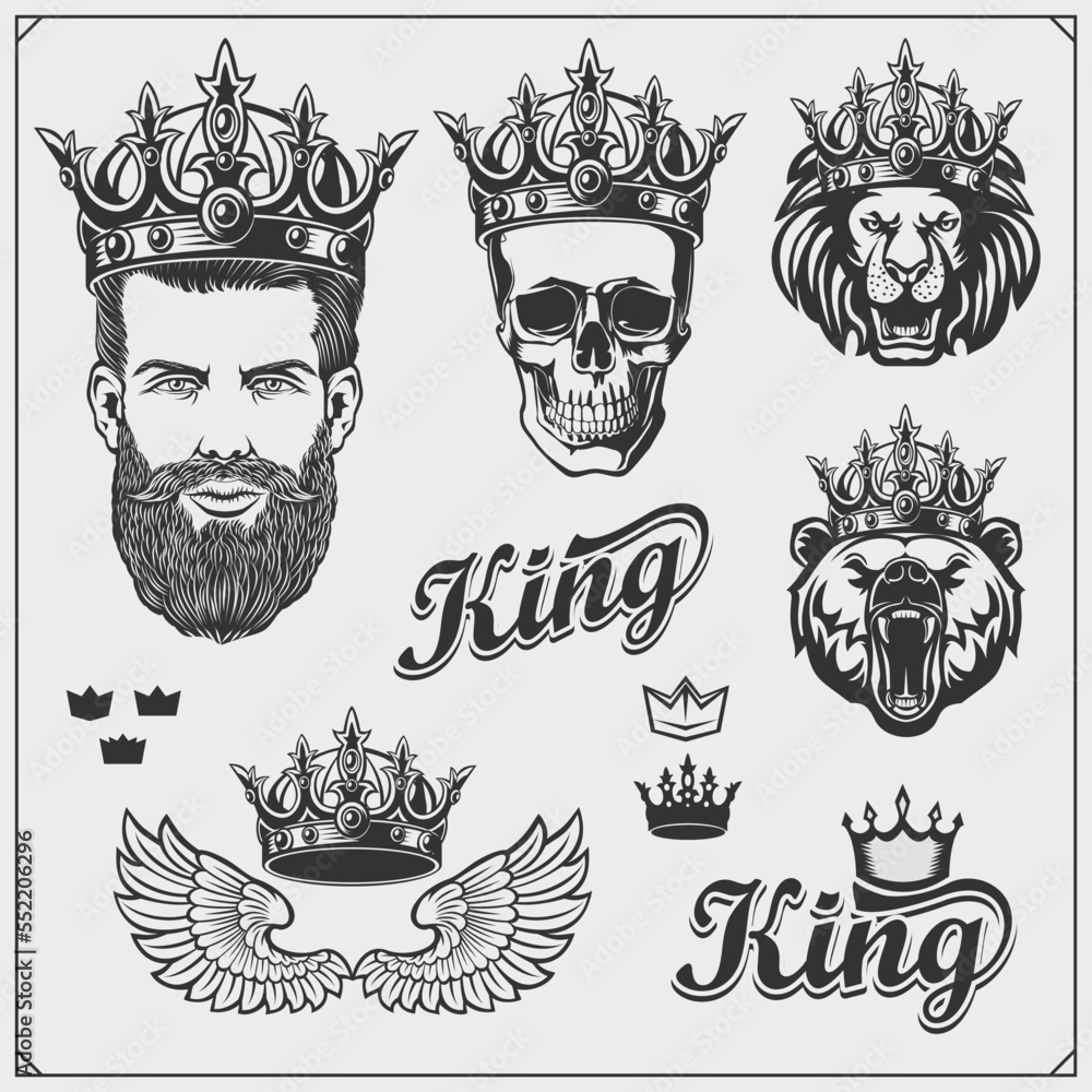 Character emblems in the crown. Skull, man, lion and bear. Emblem of ...
