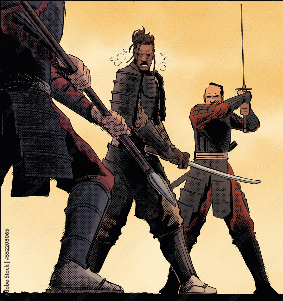 african samurai fighting two samurai with katana sword Stock ...