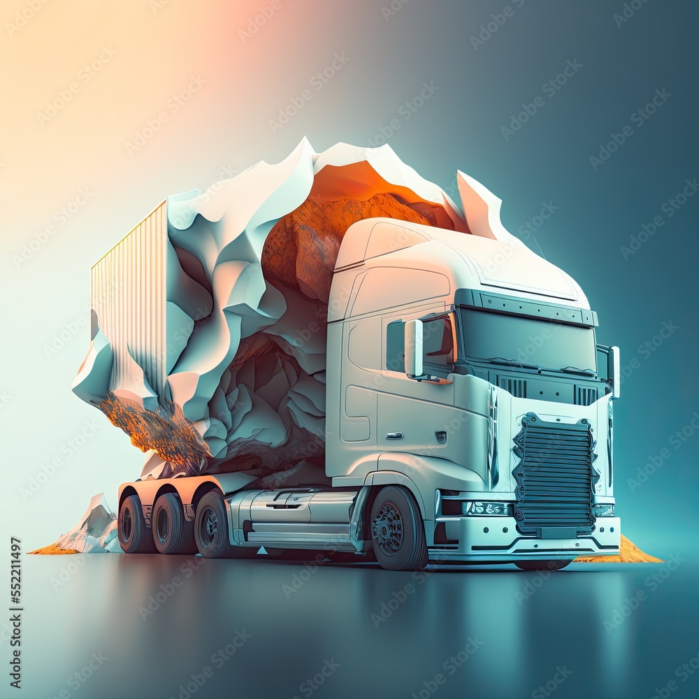 Futuristic 3D truck render for global freighting supply chain logistics ...