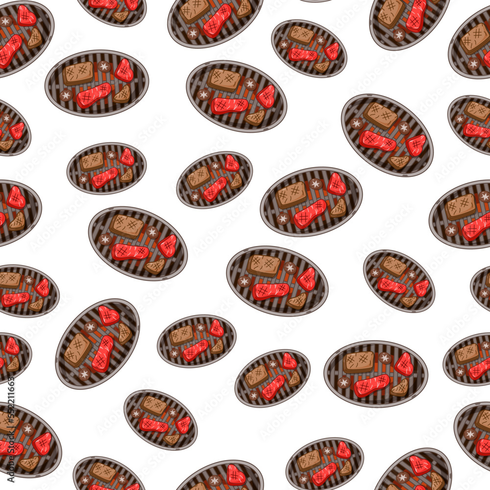 cartoon yakiniku, japanese food seamless pattern on colorful background ...