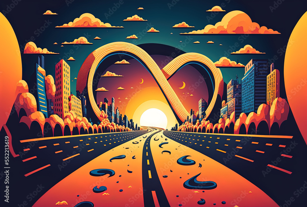 An illustration of Infinity Road showing the city skyline. never ending ...