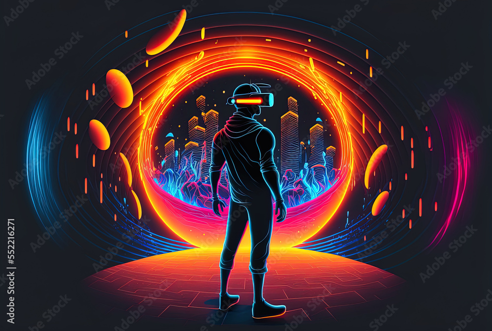 Abstract male figure in a surreal setting using virtual reality glasses ...