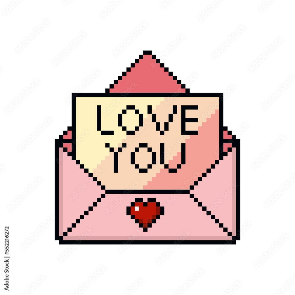 Pixel art of letter message "Love you" with red love. Pink color of ...