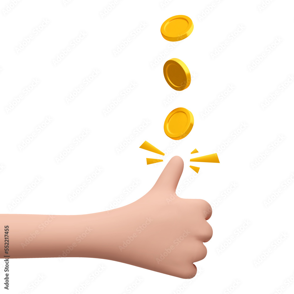 3d cartoon hand tossing, throw a gold coin. Decision making by chance ...