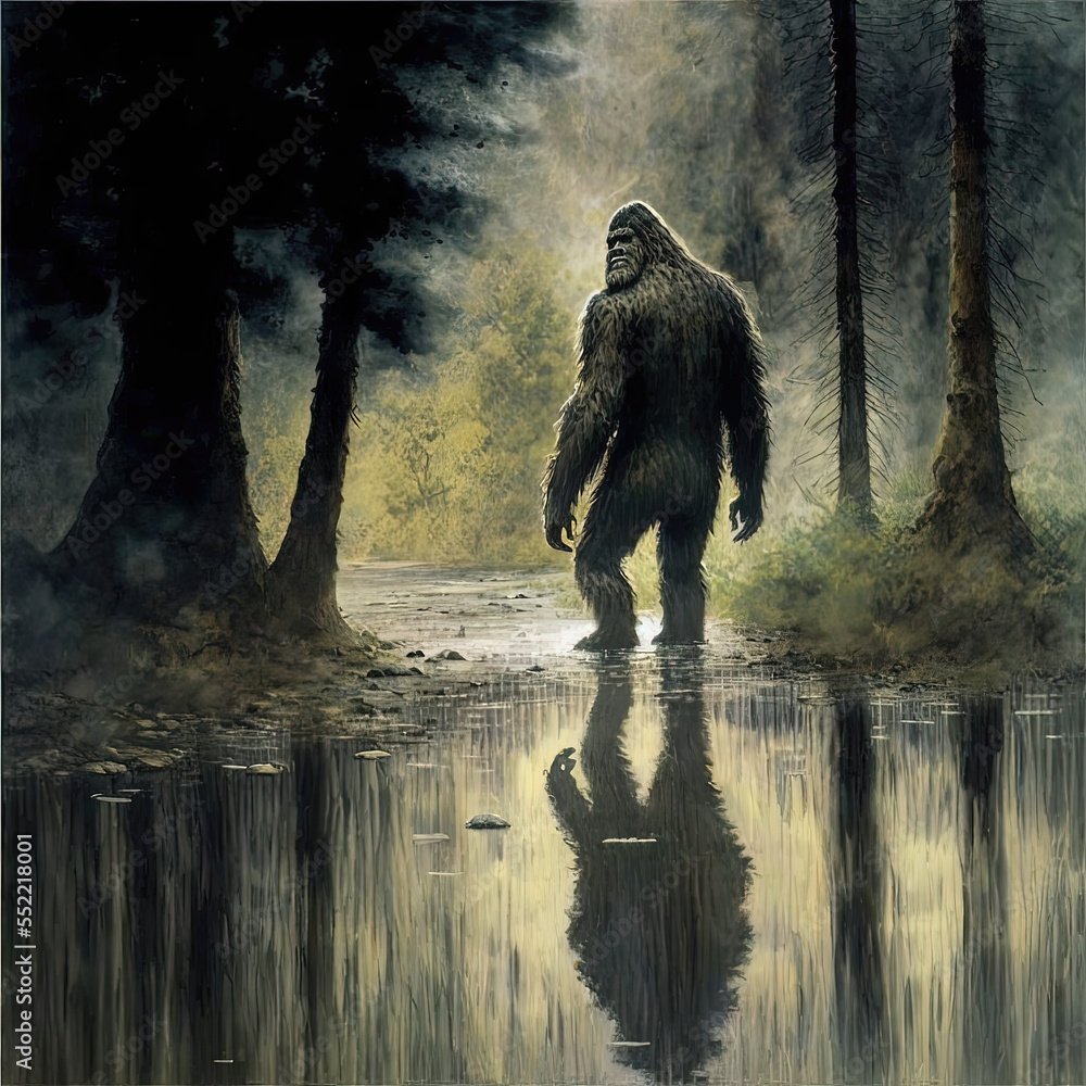 Bigfoot Walking Through the Forest Near Water | Midjourney Generated Ai Stock Illustration ...
