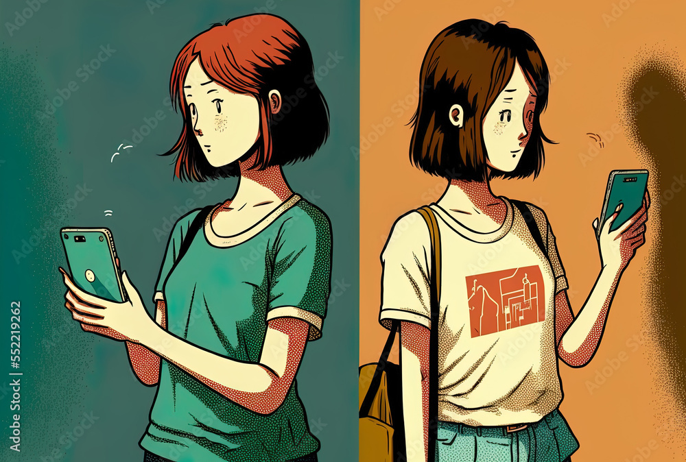 Women are using smartphones to touch and converse. Generative AI Stock ...