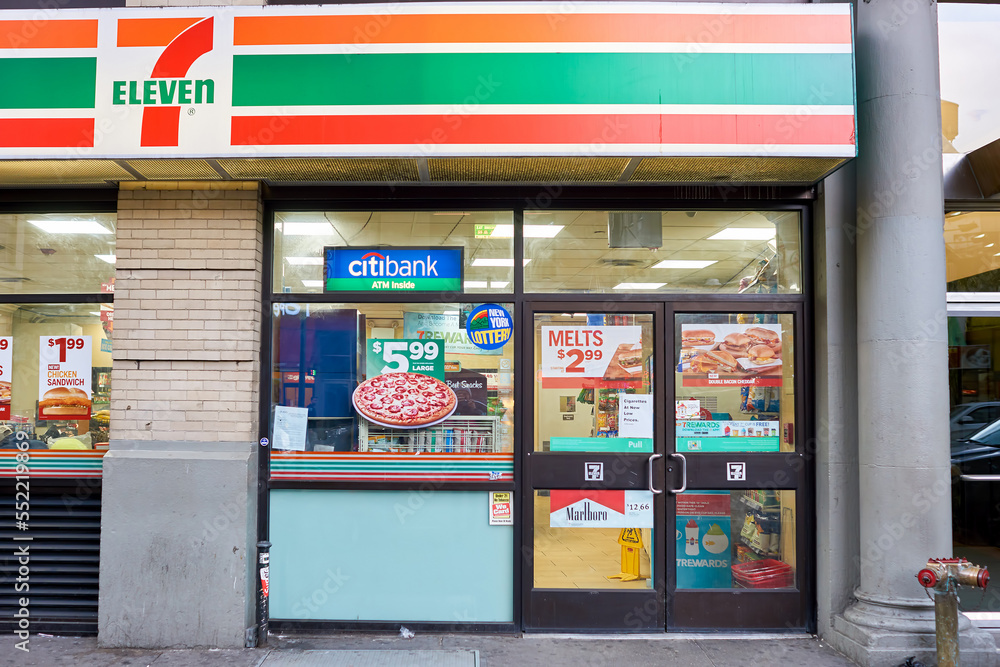 NEW YORK - CIRCA MARCH 2016: entrance to 7-Eleven store. 7-Eleven is a ...