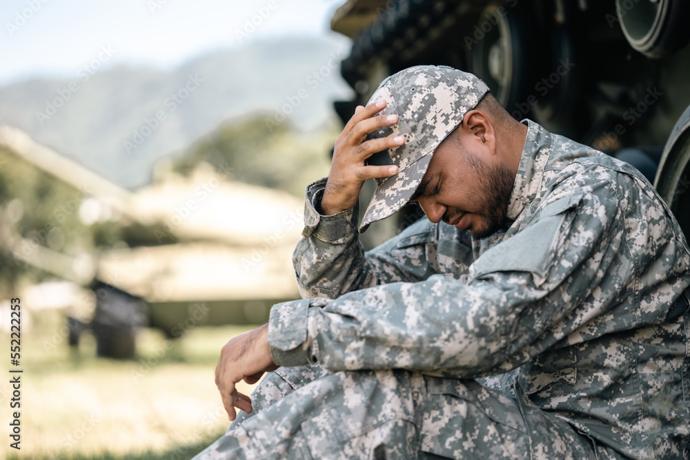 Stressed depressed crying lose war Asian man special forces soldier ...