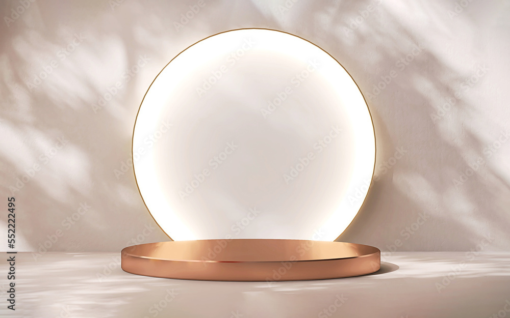 Gold shiny steel podium stage with round spotlight backlight on beige ...