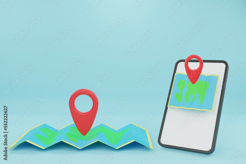 Smartphone with mobile navigation app on screen. Route map with symbols ...