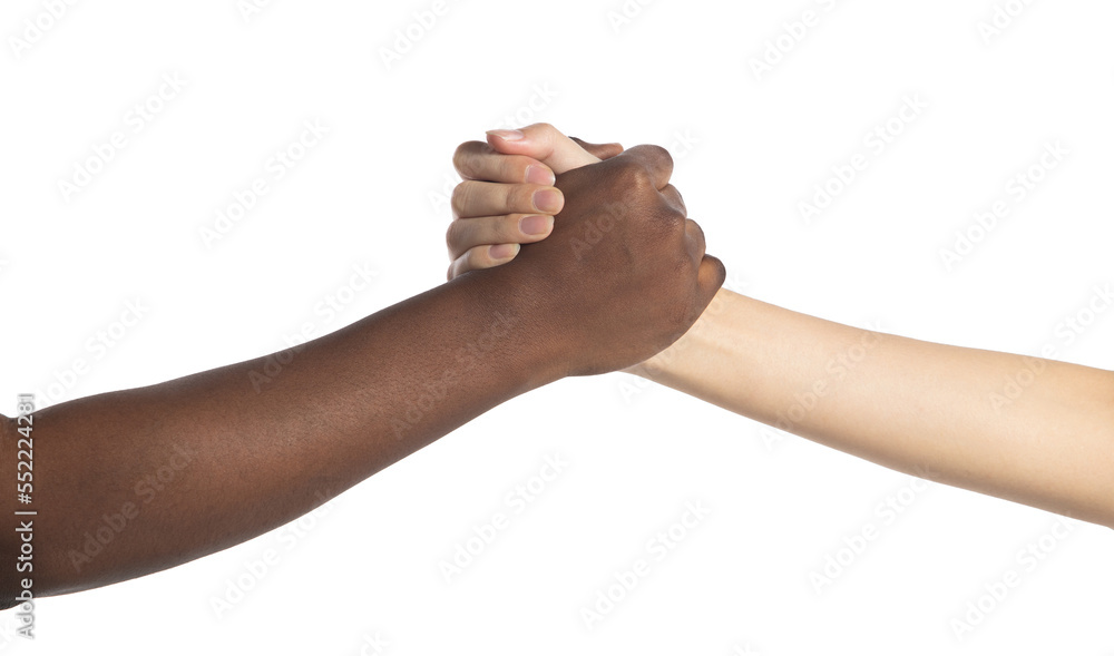 Multiethnic young women hold hands together to each other, they show ...