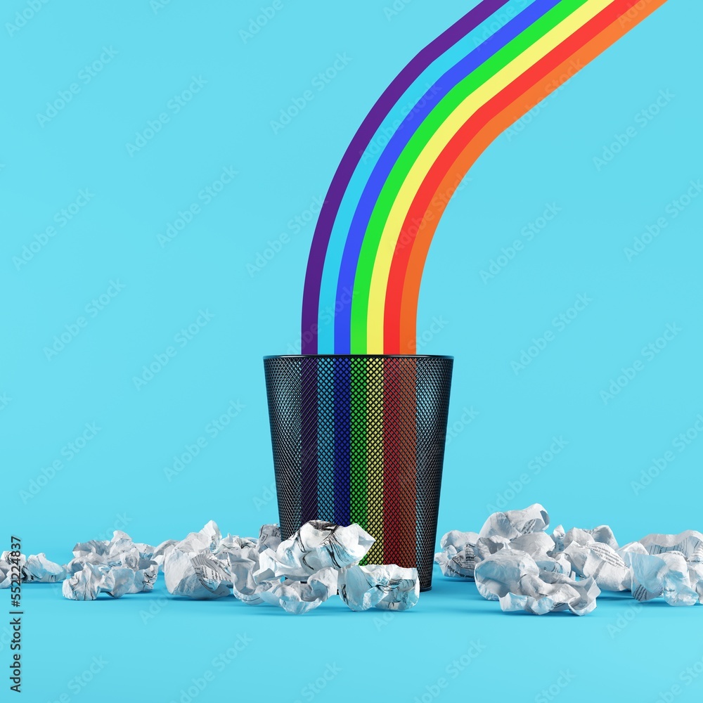 Rainbow color on Recycle bin with paper trash on blue background. 3D ...