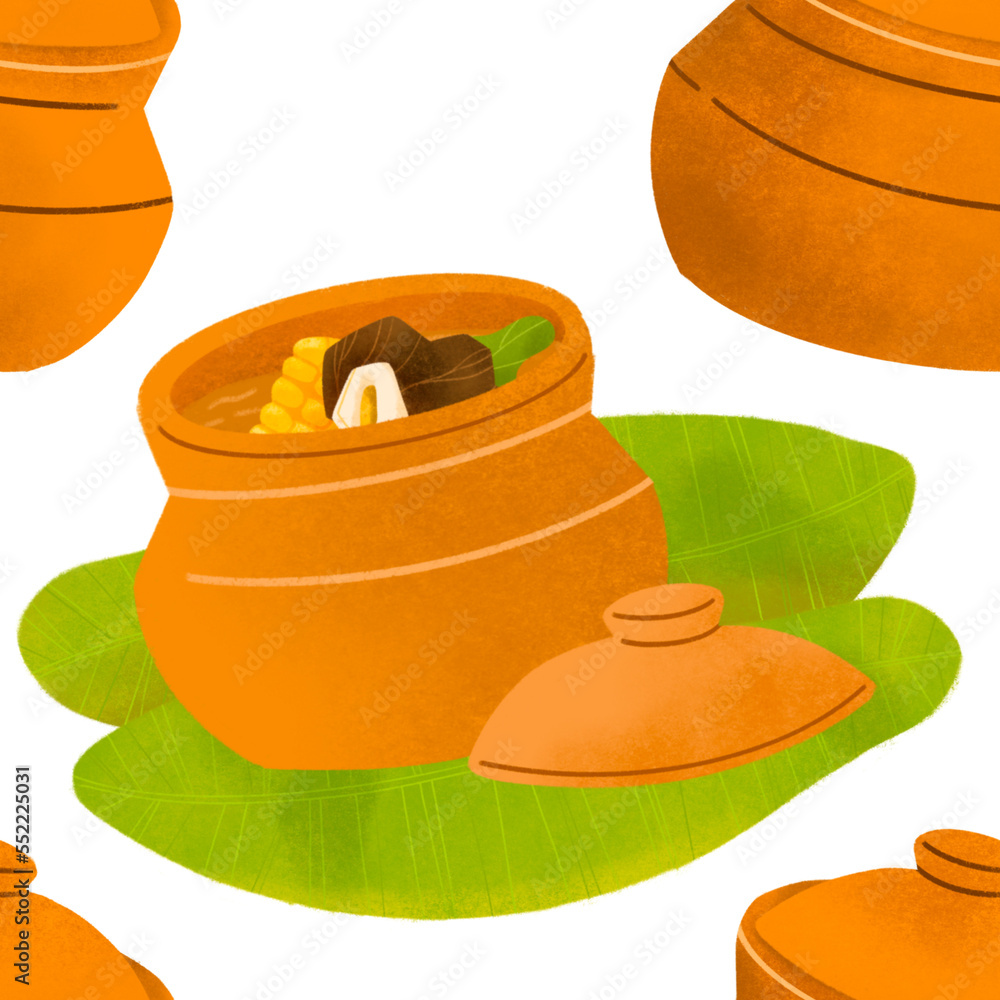 Filipino bulalo stew in palayok on banana leaf illustrated pattern ...