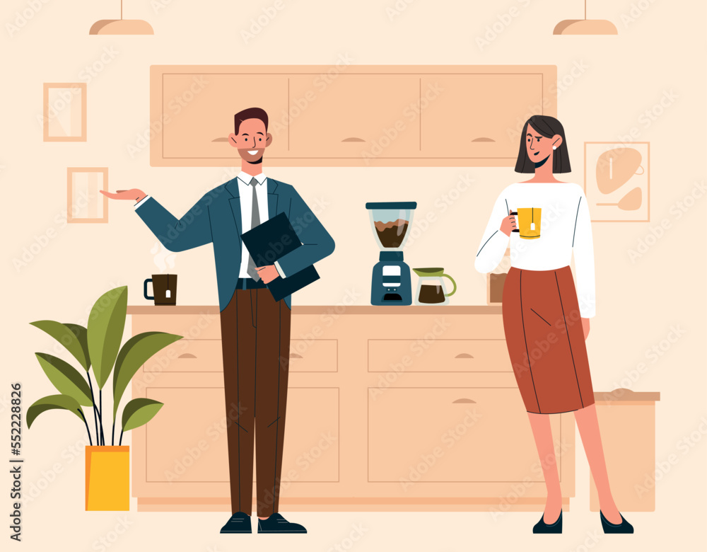 Business coffee concept. Man and woman standing in office in front of ...
