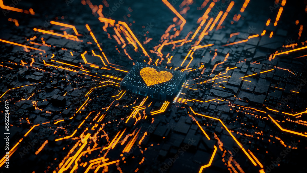 Love Technology Concept with heart symbol on a Microchip. Data flows ...