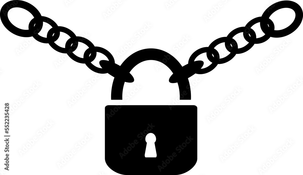 Padlock on a metal chain isolated on white background. Safety and ...