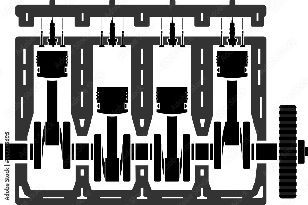 Vector illustration of engine structure and pistons. Sectional view of ...