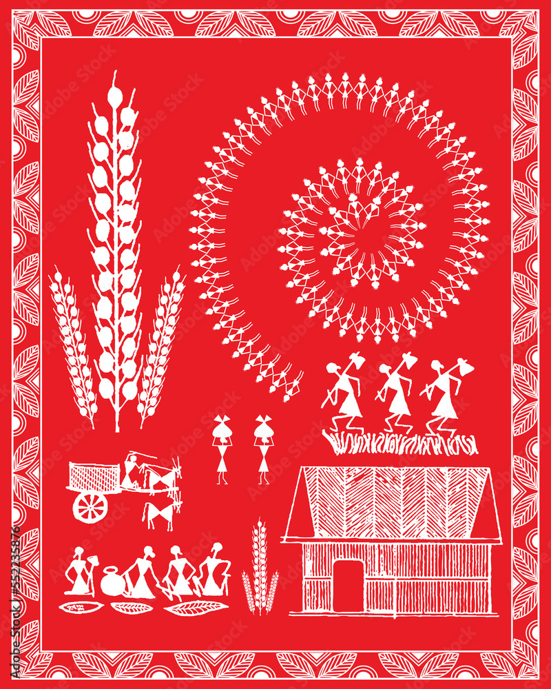 Vetor de Beautiful warli painting showing indian rural area daily work ...