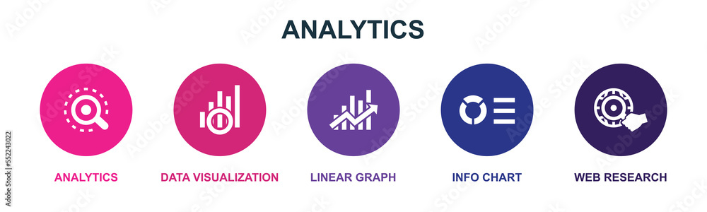 analytics, data visualization, linear graph, info chart, web research icons Infographic design ...