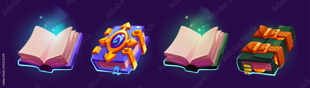 Magic spell books, fantasy alchemy grimoires, closed and open wizard ...