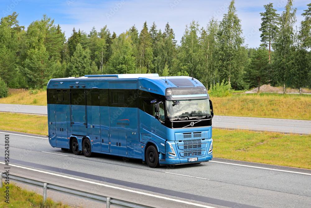 New, blue Volvo FH horsebox truck for transporting sports horses at ...