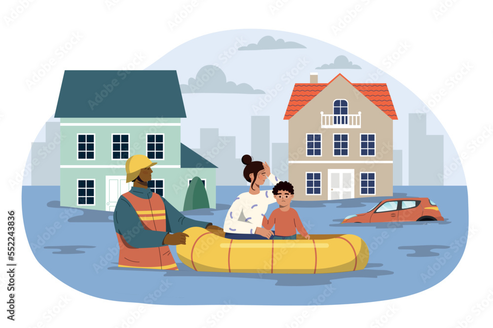 People and flood. Rescuer puts family of mother and daughter into boat ...