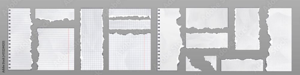 Notebook pages with torn edges. Ripped paper sheets and scraps with ...