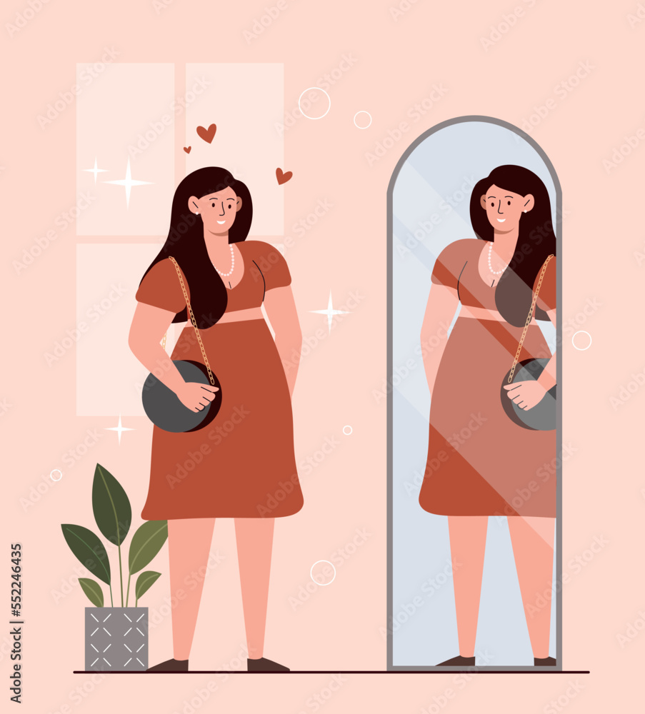 High self esteem concept. Woman rejoices in reflection in mirror ...
