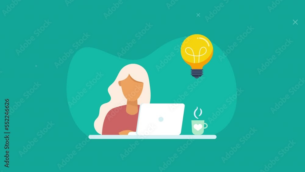 idea concept animation.Woman and laptop computer animation.freelancer ...