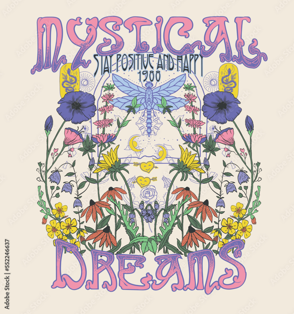 MYSTICAL DREAMS.Retro 70's psychedelic hippie element illustration ...