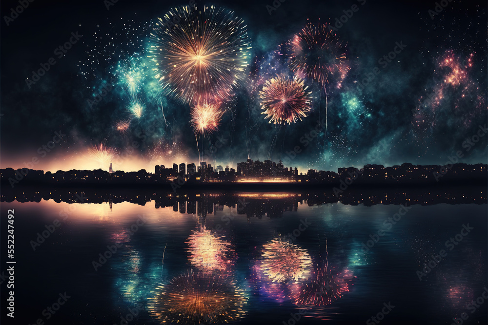 fireworks exploding over a city skyline with reflections in the water ...