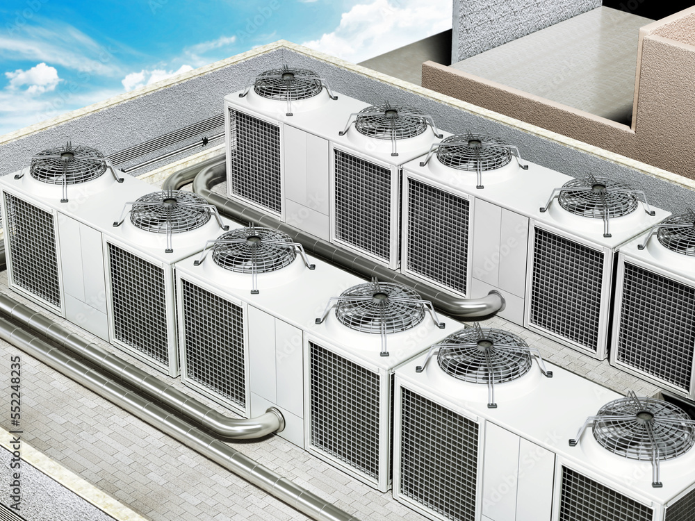 Rows of air conditioner units forming a corridor. 3D illustration Stock ...