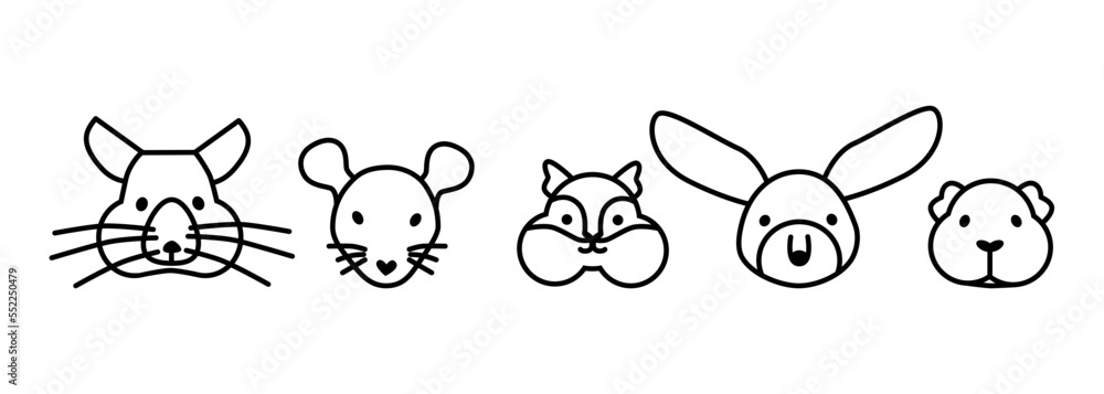 Icon set of rodents. Outline collection consists of cartoon faces ...