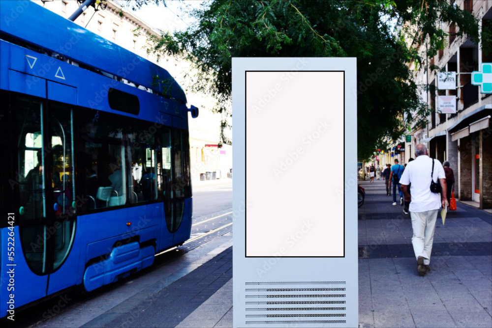 Tram stop with lightbox ad panel. poster and advertising billboard sign ...