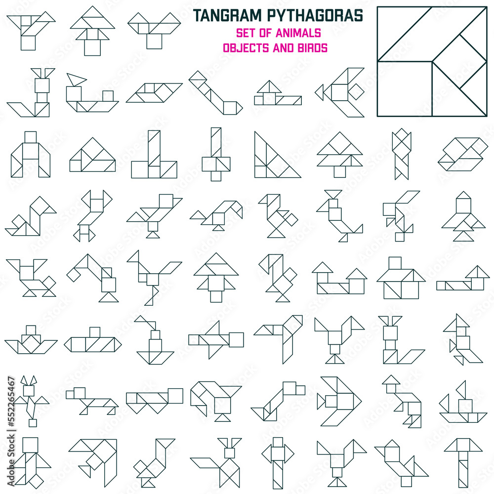 Set of Tangram Puzzle Line. Pythagoras square. Stock Vector | Adobe Stock