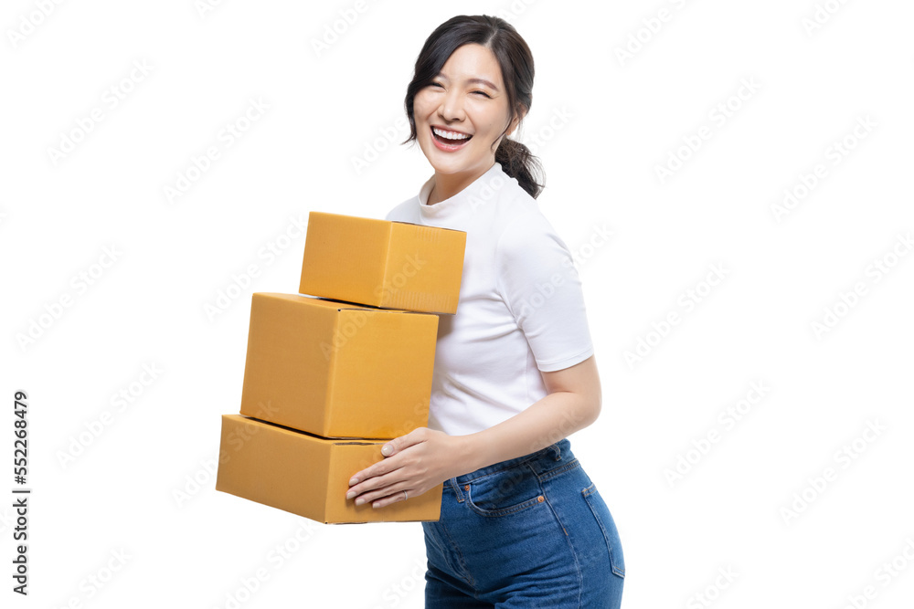 Happy Asian girl holding package parcel boxs isolated on transparent ...