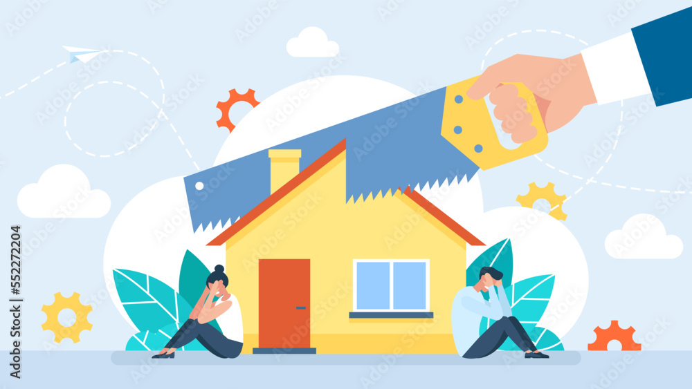 Property Division. Section Concept. Man holding a saw in hand cut house ...