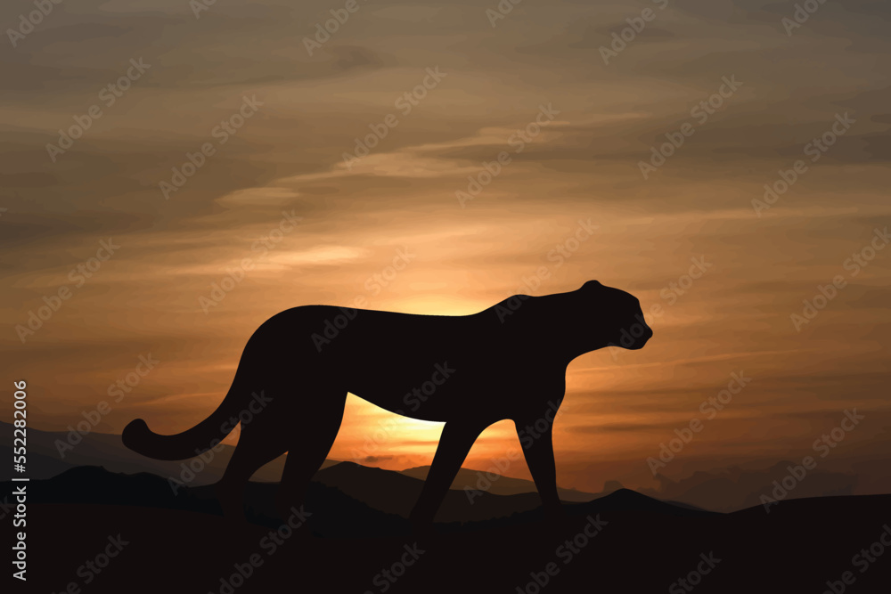 Vector silhouette of tiger on sunset background. Stock Vector | Adobe Stock
