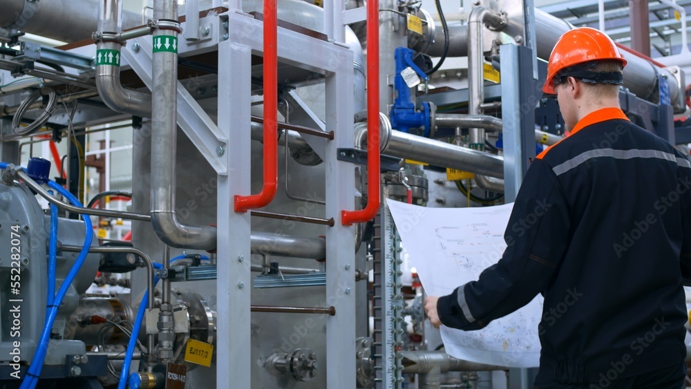 Rear view of an industrial worker with a blue print in his hands and an ...