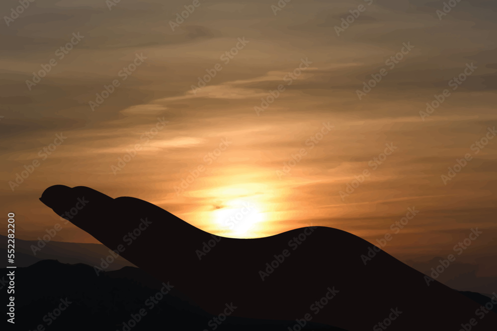 Vector silhouette of symbol of faith on sunset background. Symbol hands ...