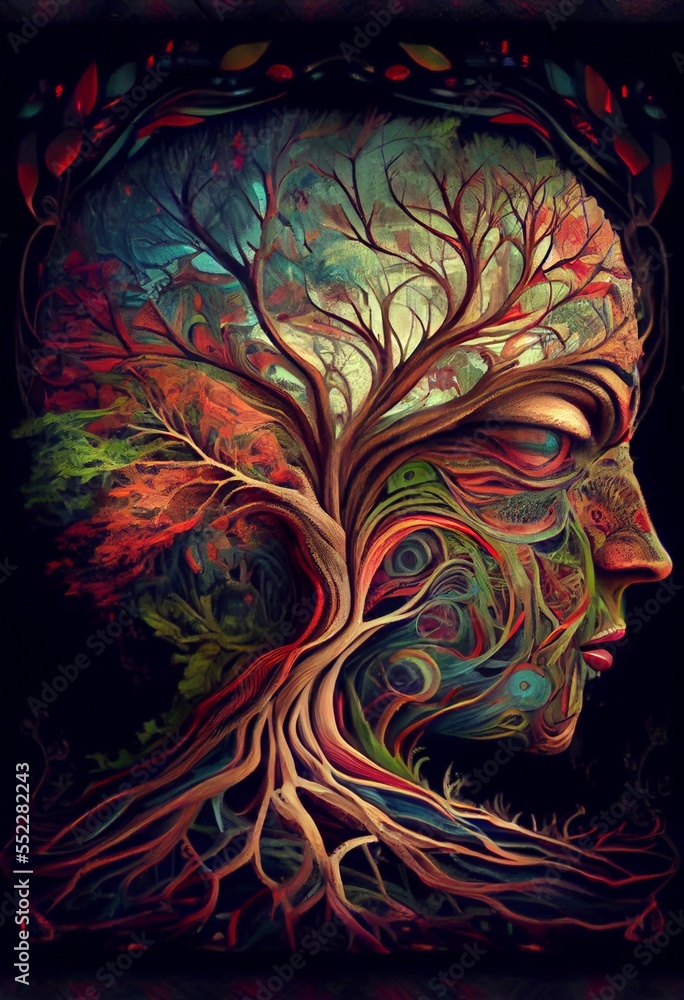 Generative AI abstract render of a tree in the shape of a human head ...