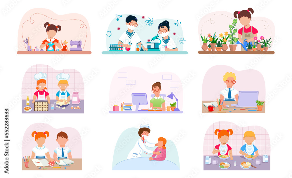 Types of professions and occupations. Set of 9 illustrations with ...