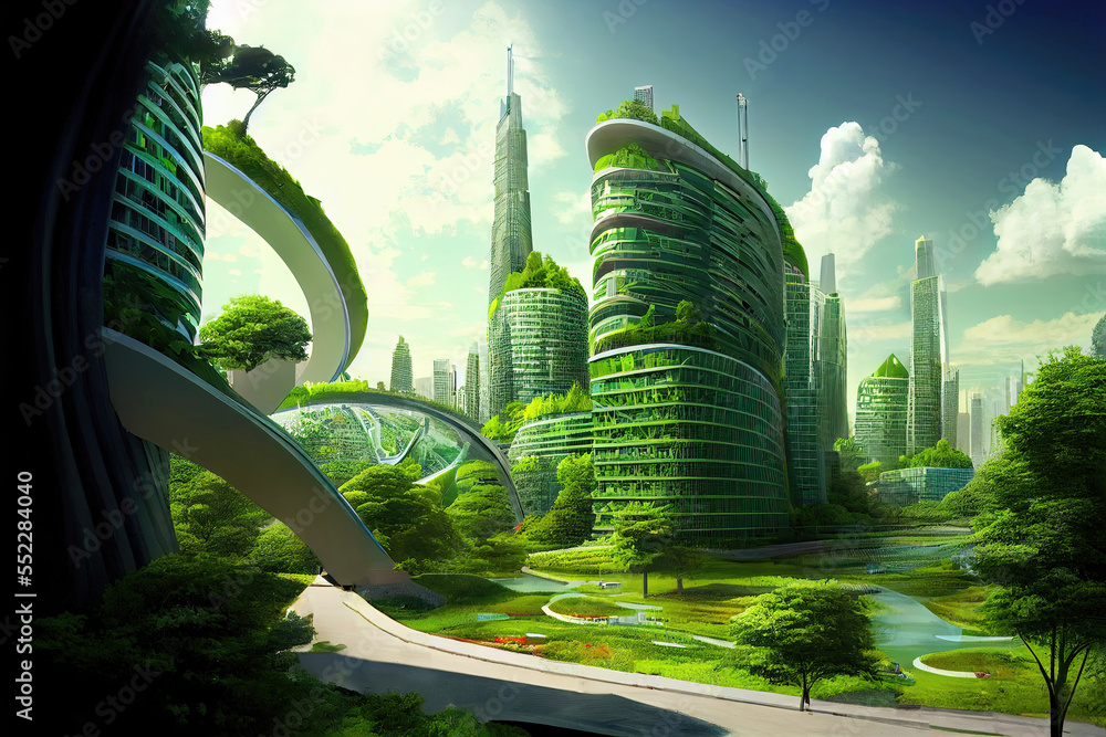 Modern green sustainable city with green plants on futuristic ...
