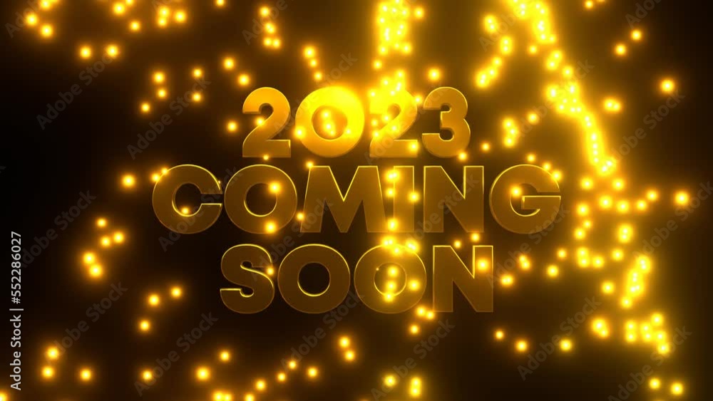 2023 COMING SOON with golden falling particle on black background. 4K ...