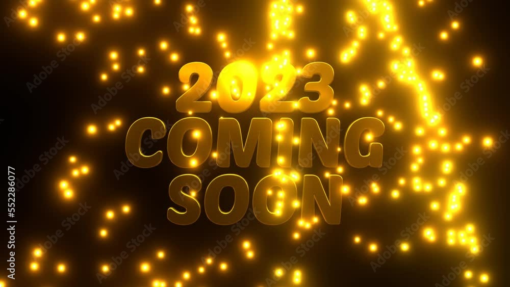 2023 COMING SOON with golden falling particle on black background. 4K ...