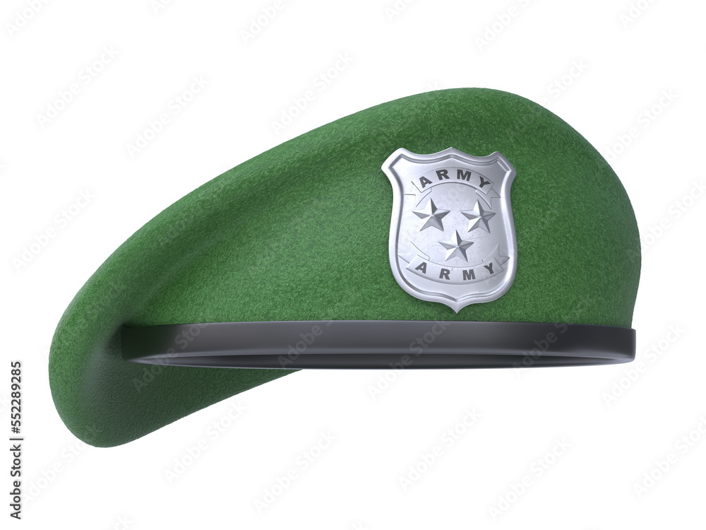Military green beret of army special forces with silver emblem on white ...