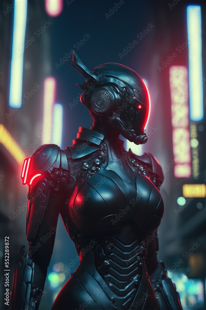 Science fiction cyborg female in shiny black metal Armor suit with ...