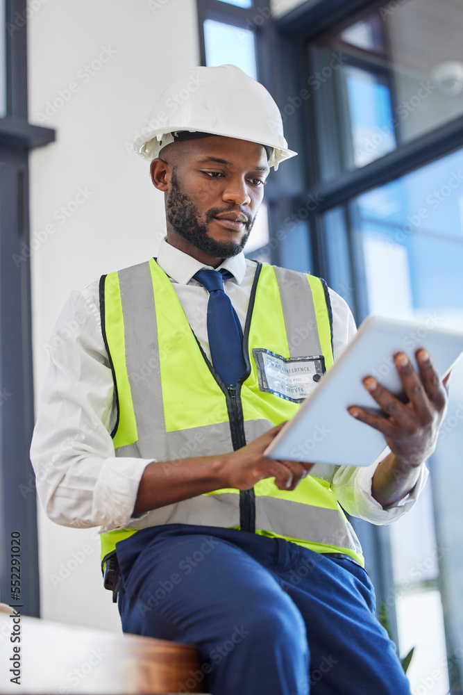Engineer manager, tablet and black man working on construction strategy ...